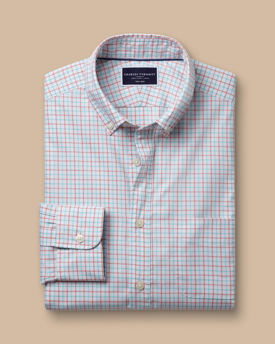 Knoopjeskraag strijkvrij rekbaar Poplin Controle - Wit en Koraalroze ...