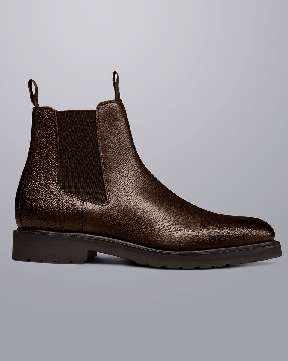 Rubber Sole Grain Leather Chelsea Boots - Chocolate Brown | Charles ...