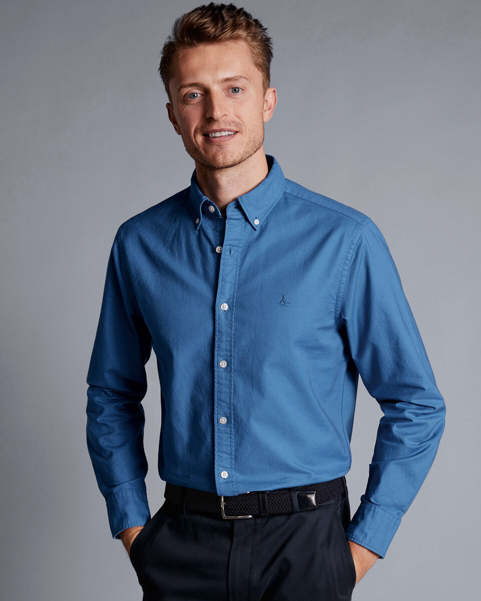 Button-Down Collar Washed Oxford Shirt - Ocean Blue | Charles Tyrwhitt