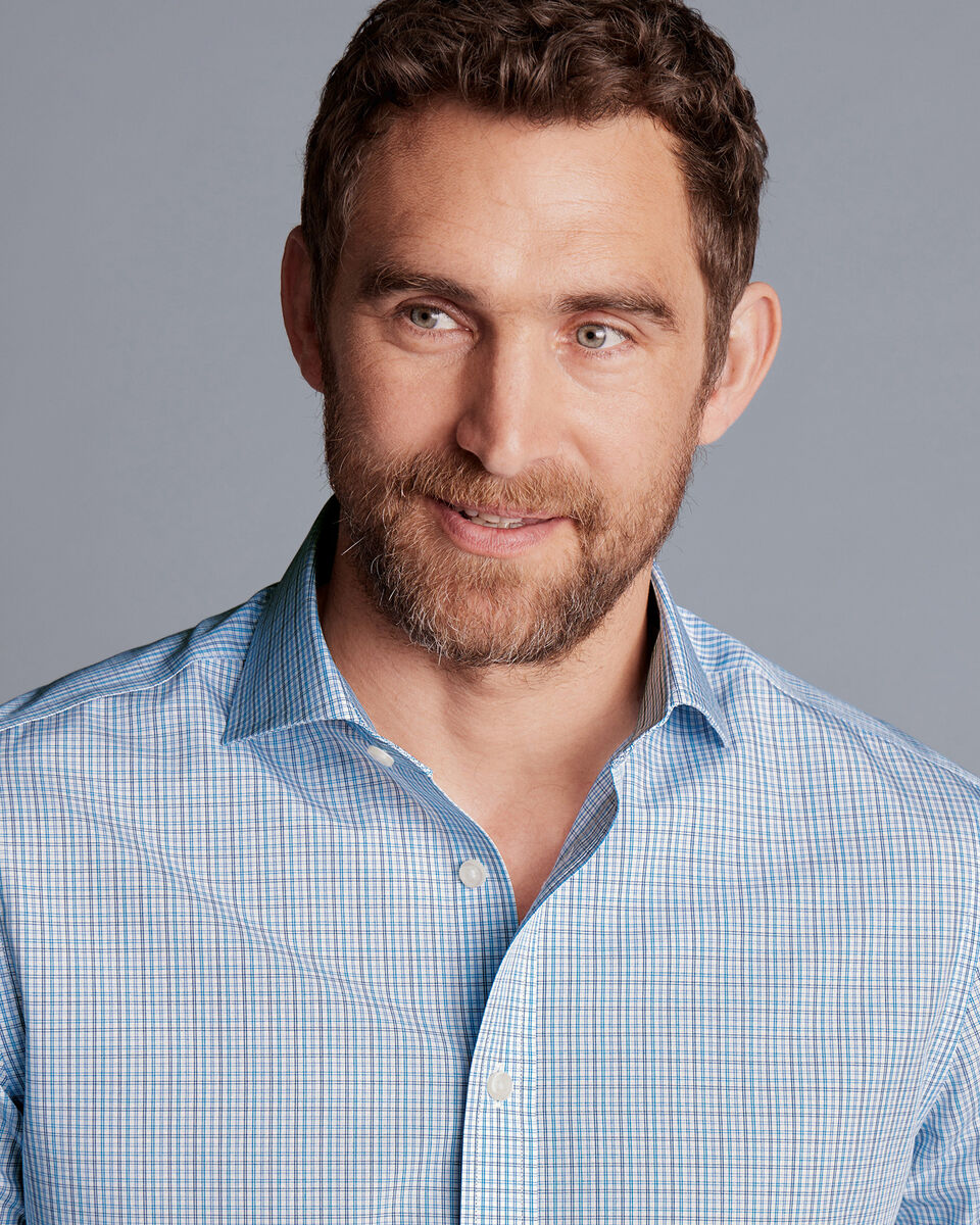 Spread Collar Non-Iron Fine Line Check Shirt - Ocean Blue | Charles ...