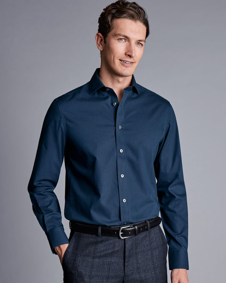 Cutaway Collar Non-Iron Poplin Shirt - Petrol Blue | Charles Tyrwhitt