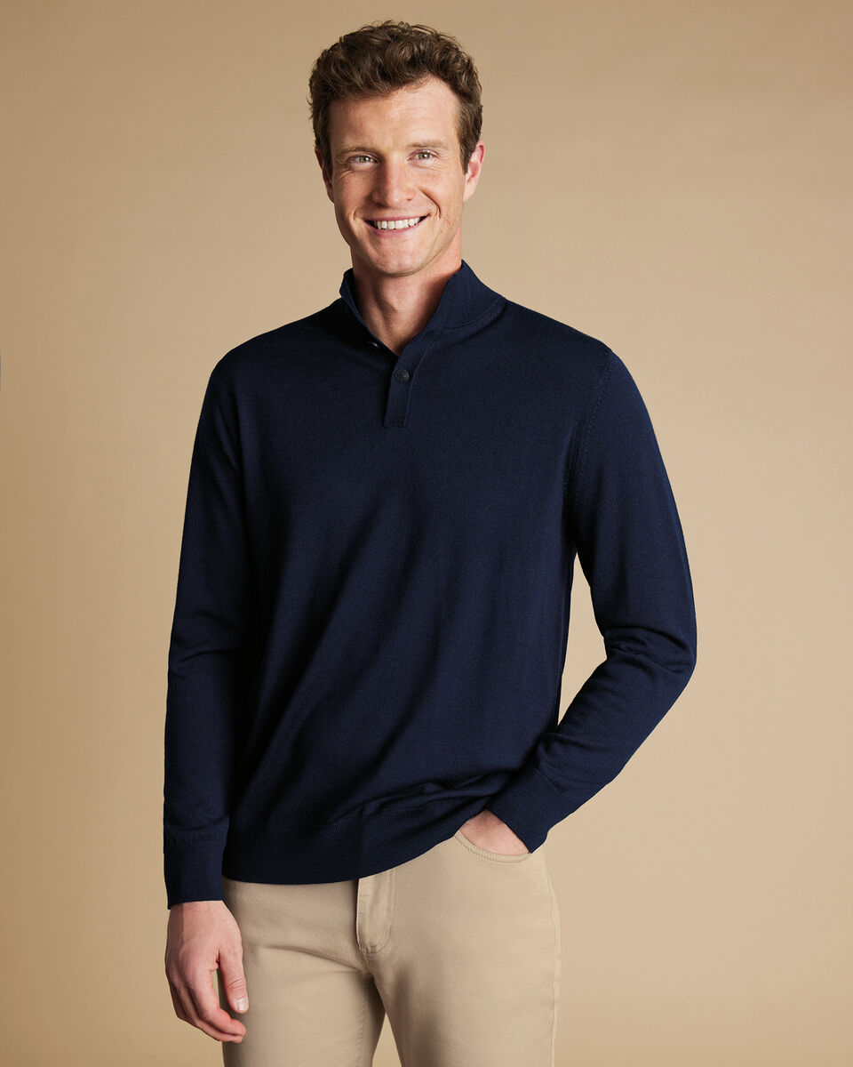 Merino Button Neck Jumper - Navy | Charles Tyrwhitt