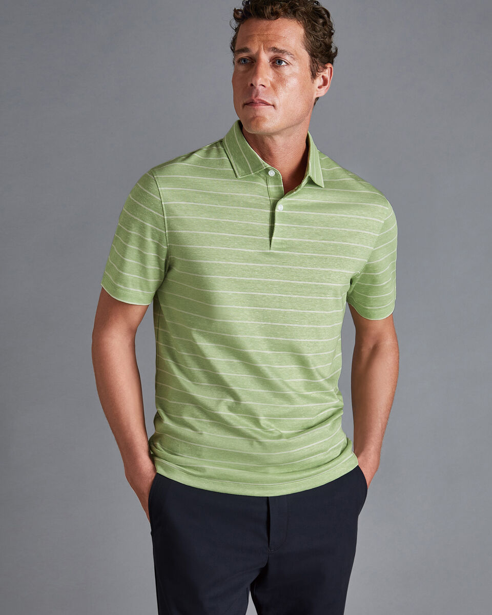 Polo À Rayures En Lin De Coton - Vert | Charles Tyrwhitt