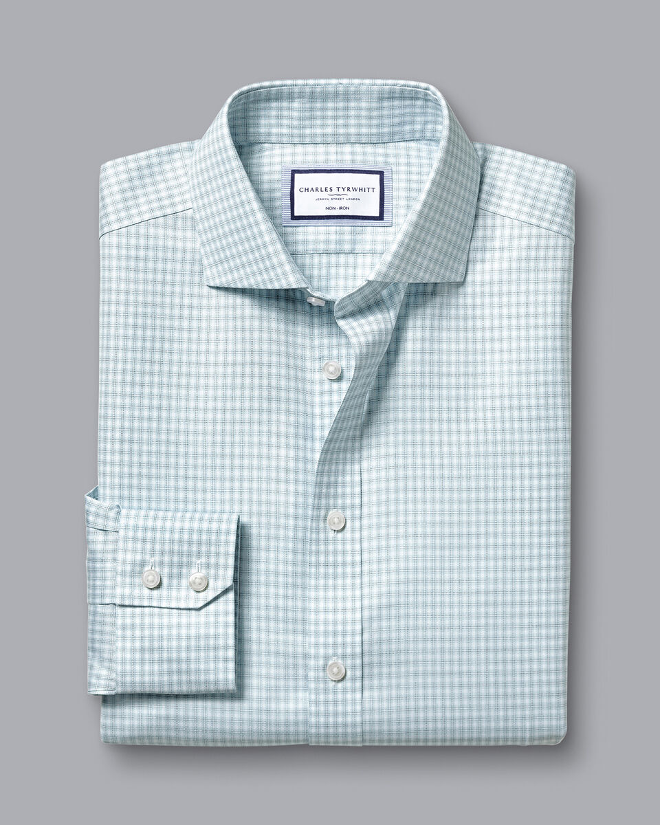 Spread Collar Non-Iron Double Check Shirt - Pale Teal Green | Charles ...