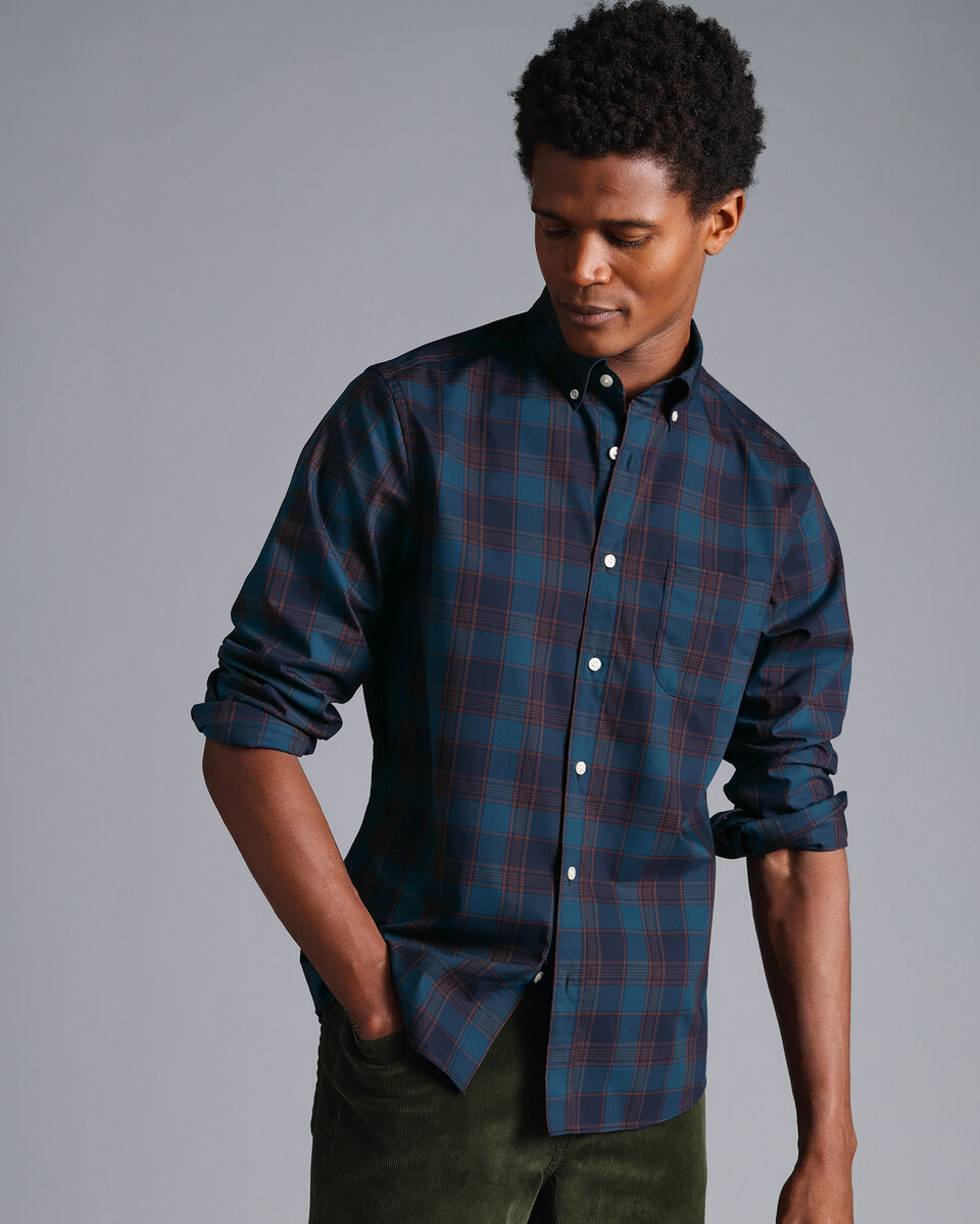 Button-Down Collar Non-Iron Stretch Poplin Tartan Check Shirt - Rust ...