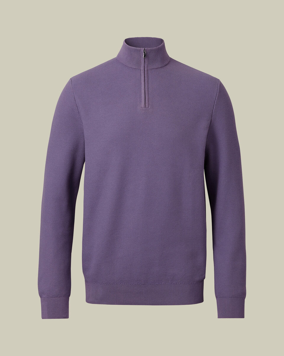 Honeycomb Cotton Quarter Zip Sweater - Purple | Charles Tyrwhitt