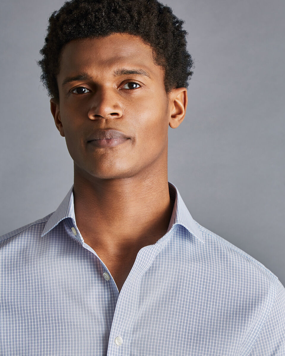 Classic Collar Non-Iron Double Check Shirt - Cobalt Blue | Charles Tyrwhitt