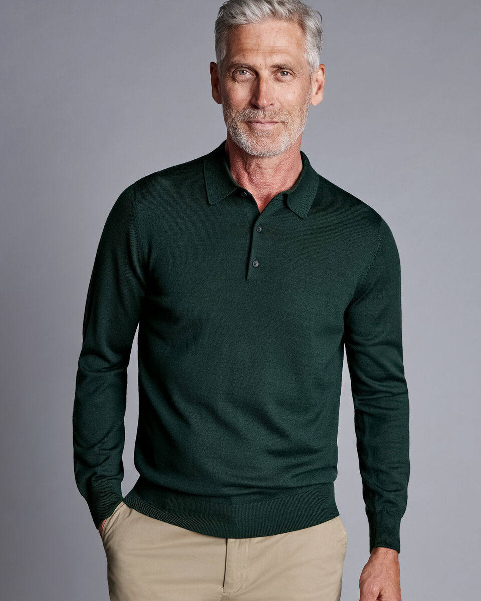 Pull en laine mérinos à col polo - Vert Forêt | Charles Tyrwhitt