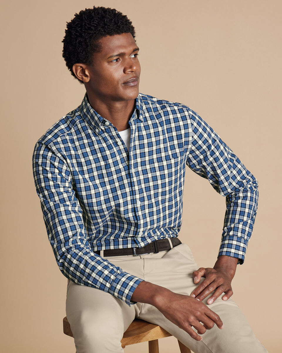Button-Down Collar Non-Iron Stretch Poplin Plaid Check Shirt - Ocean ...