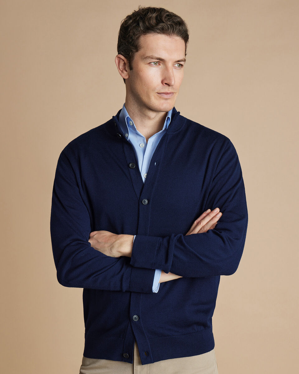 Merino Button Through Funnel Neck Cardigan - Navy | Charles Tyrwhitt