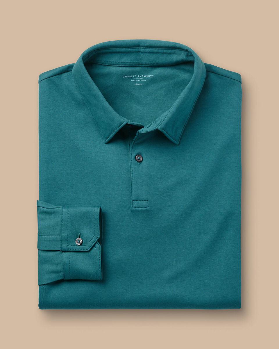 Long Sleeve Smart Jersey Polo - Teal Green | Charles Tyrwhitt