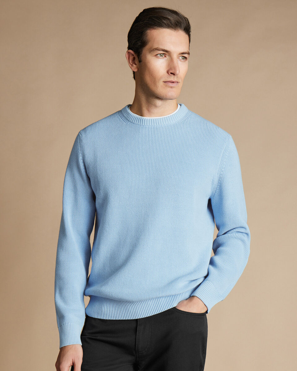 Cotton Rib Crew Neck Sweater - Sky Blue | Charles Tyrwhitt