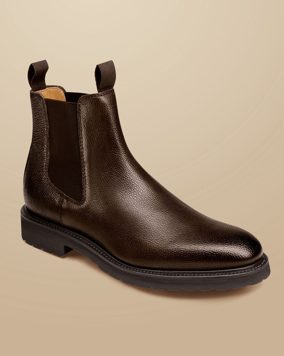Rubber Sole Grain Leather Chelsea Boots - Chocolate Brown | Charles ...