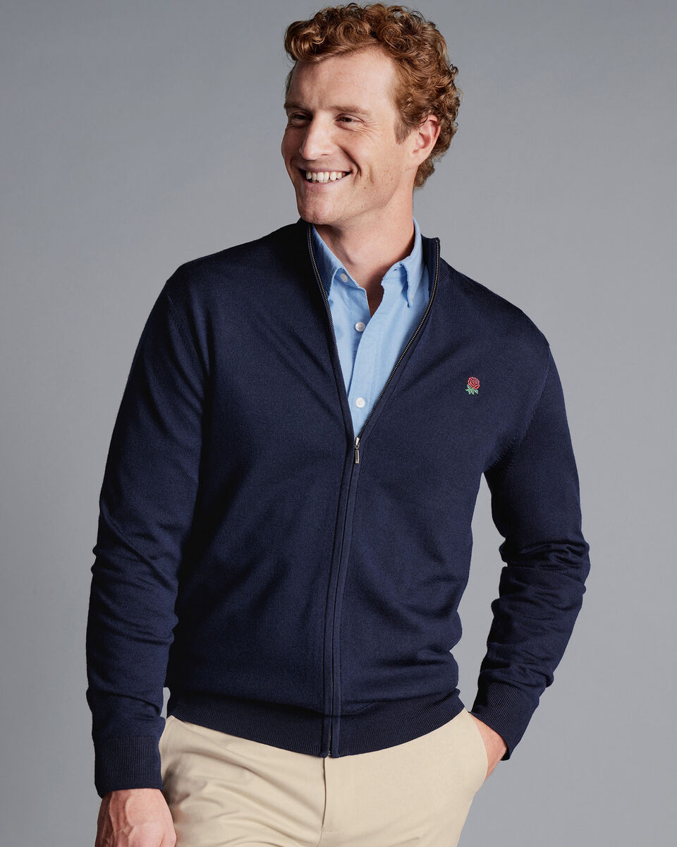 England Rugby Merino Full Zip-Through Cardigan - Navy | Charles Tyrwhitt