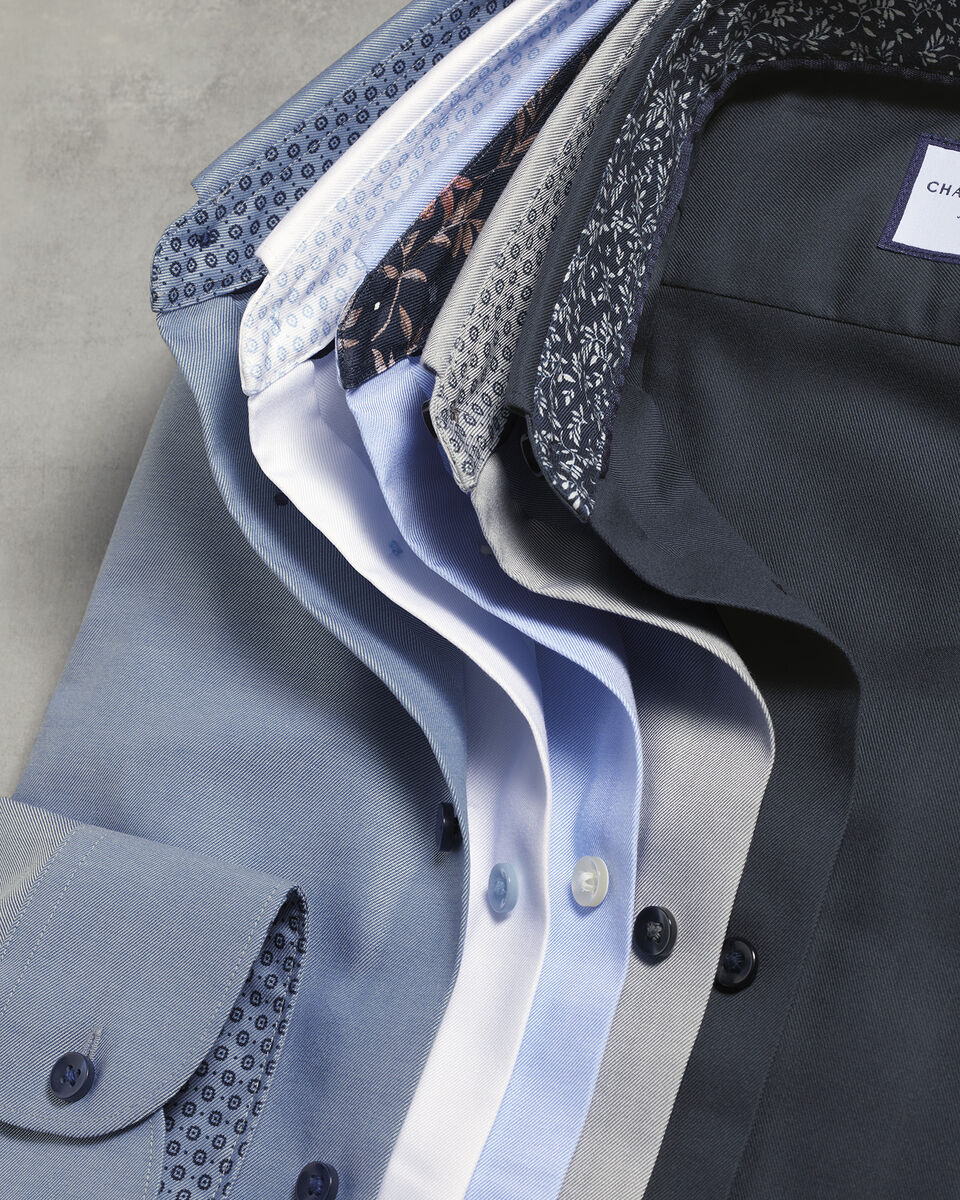 Semi-Cutaway Non-Iron Collar Twill Shirt with Printed Trim - White ...