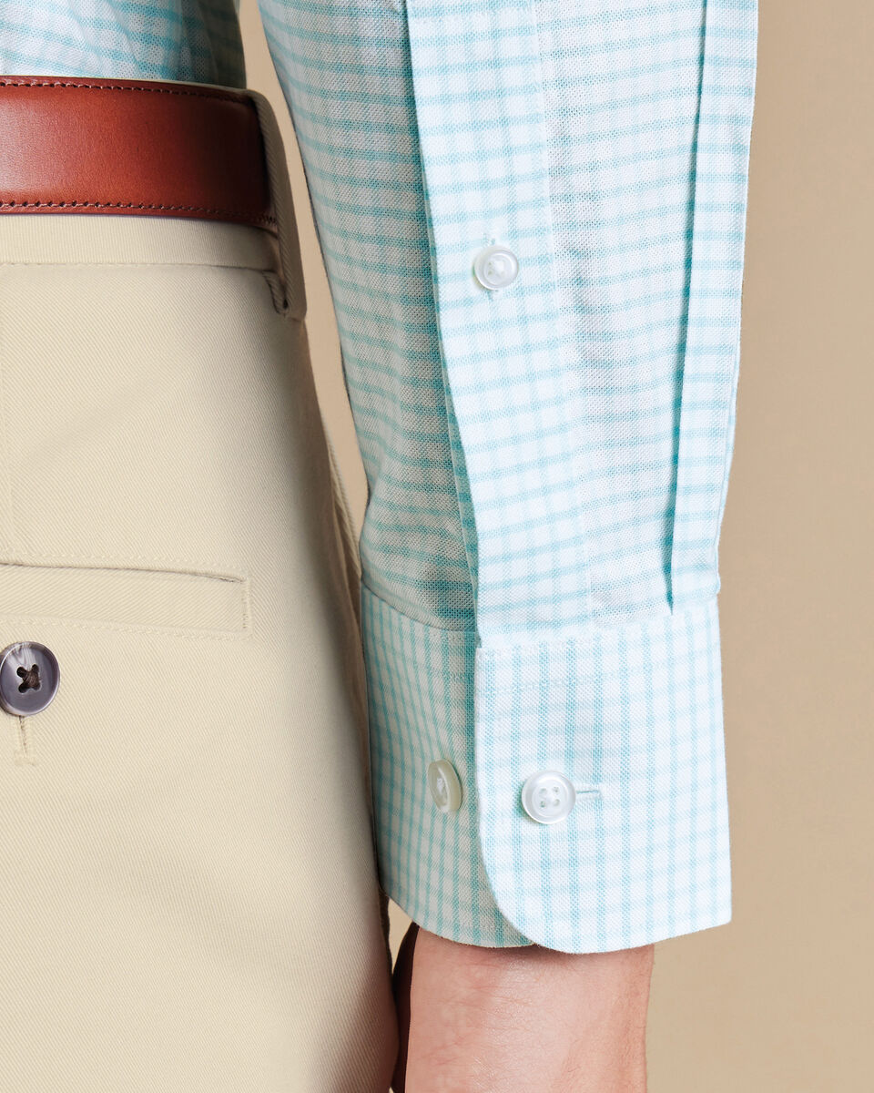 Button-Down Collar Non-Iron Stretch Check Oxford Shirt - Aqua Green ...