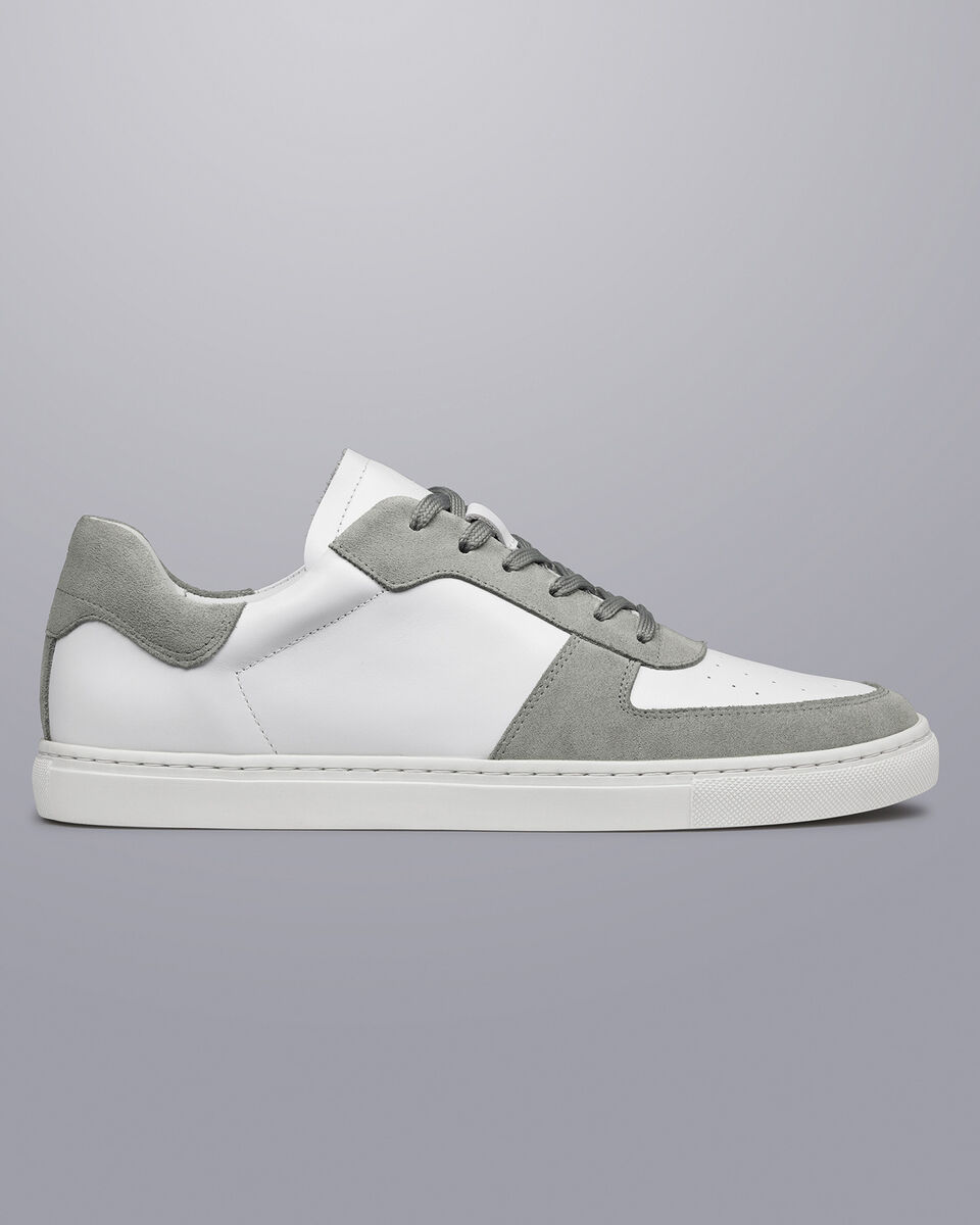 Leather and Suede Cupsole Sneakers - White & Light Grey | Charles Tyrwhitt
