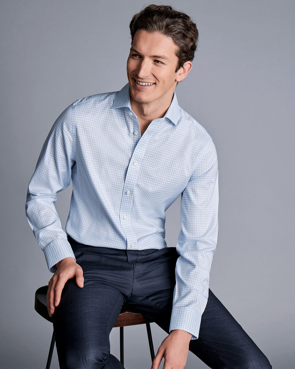 Spread Collar Non-Iron Double Check Shirt - Sky Blue | Charles Tyrwhitt