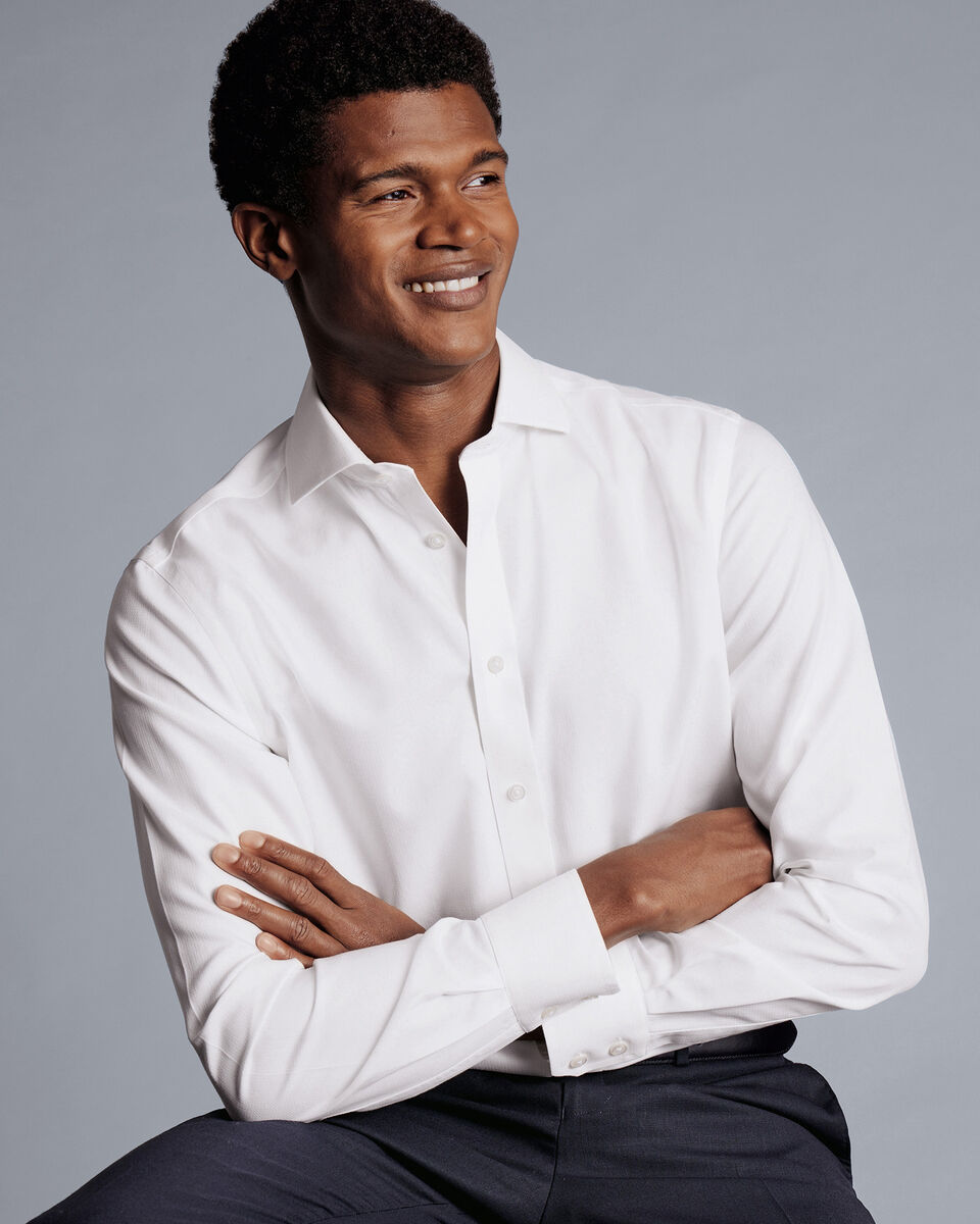 Spread Collar Non-Iron Henley Weave Shirt - White | Charles Tyrwhitt